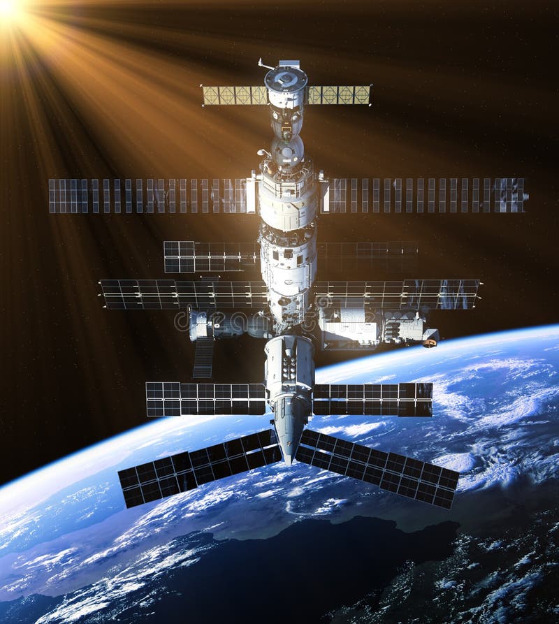Space Station in the Rays of Sun Stock Illustration - Illustration of ...