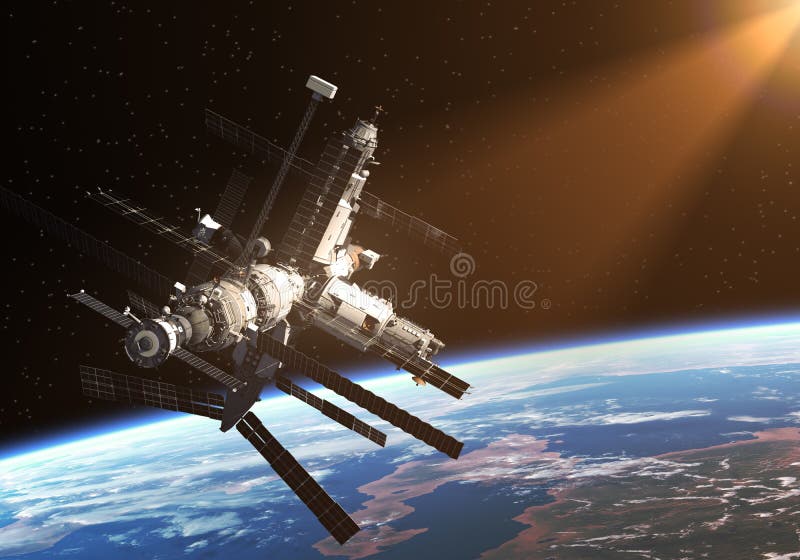 Space Station in the Rays of the Sun Stock Illustration - Illustration ...