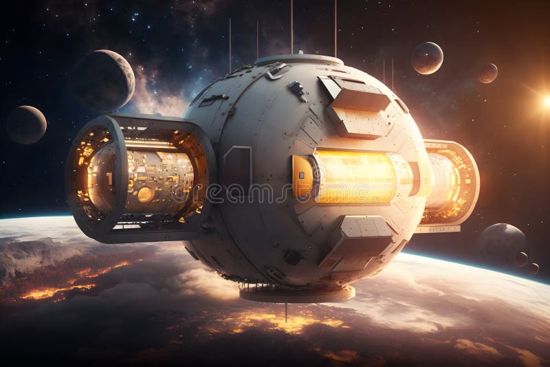 Space Station and Space Ship in the Outer Space. Earth Sunshine on the ...