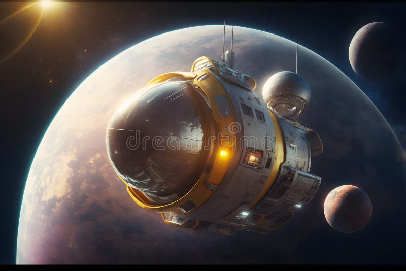 Space Station and Space Ship in the Outer Space. Earth Sunshine on the ...