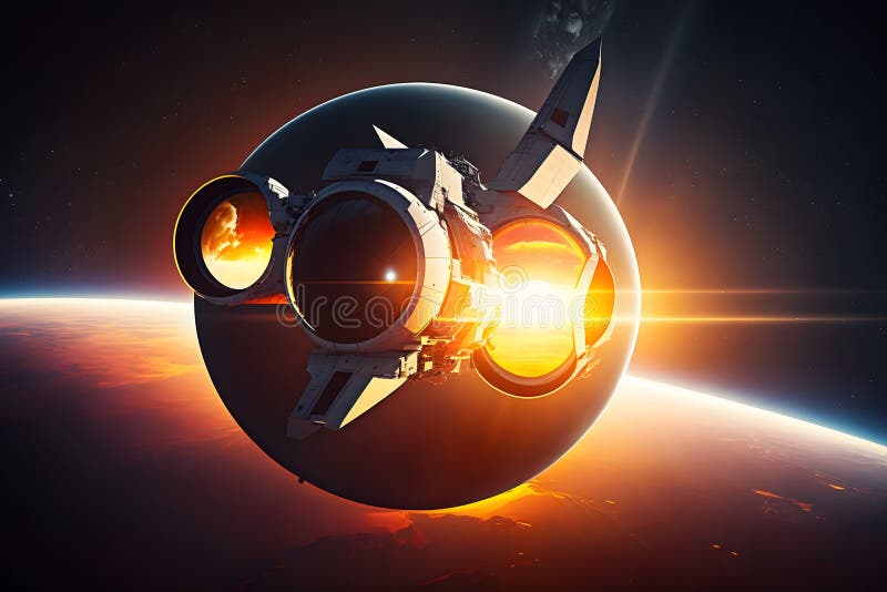 Space Station and Space Ship in the Outer Space. Earth Sunshine on the ...