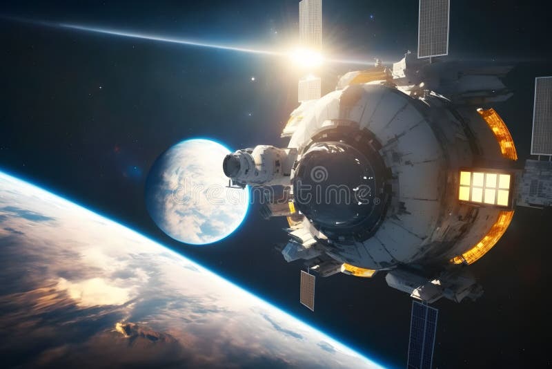 Space Station and Space Ship in the Outer Space. Earth Sunshine on the ...