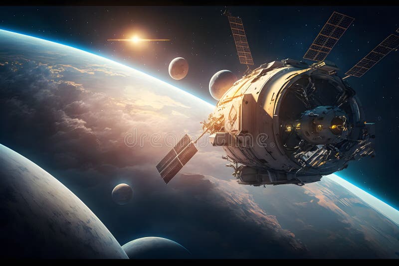 Space Station and Space Ship in the Outer Space. Earth Sunshine on the ...