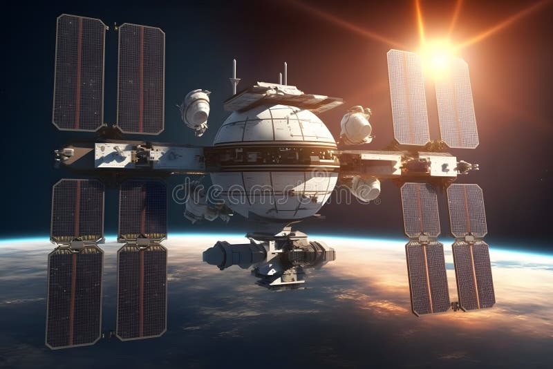 Space Station and Space Ship in the Outer Space. Earth Sunshine on the ...