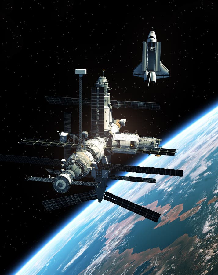 Space Station and Space Shuttle in Outer Space Stock Illustration ...