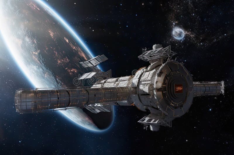 Space Station, with View of a Distant Starry Nebula in the Background ...