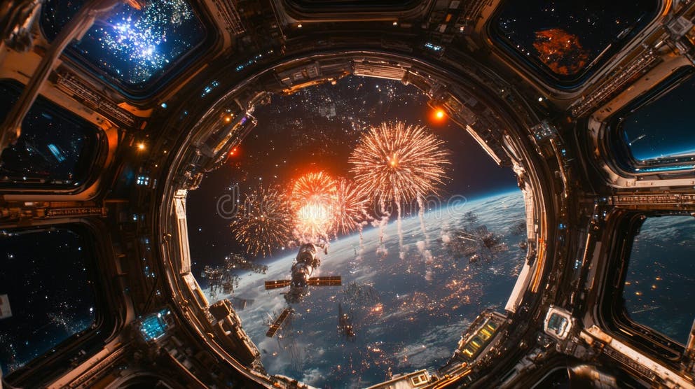 Space Station View of Fireworks Over Earth Stock Illustration ...