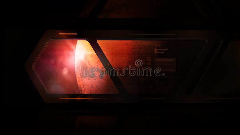 Space Station Window Overlooking Planet Mars and Virtual Data. Stock ...
