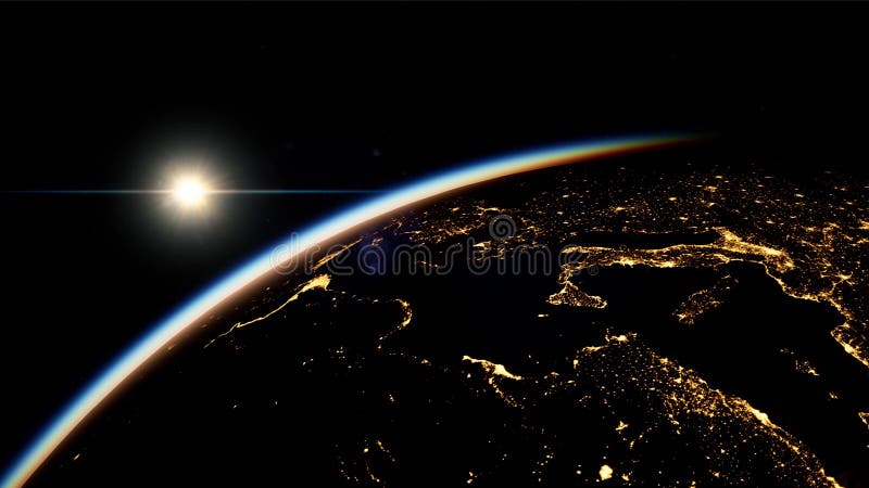 Space, Sun and Planet Earth at Night Stock Illustration - Illustration ...