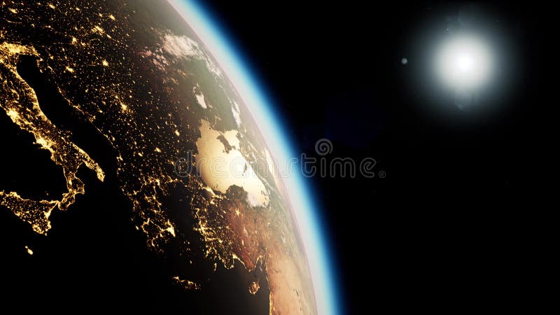 Space, Sun and Planet Earth at Night Stock Illustration - Illustration ...