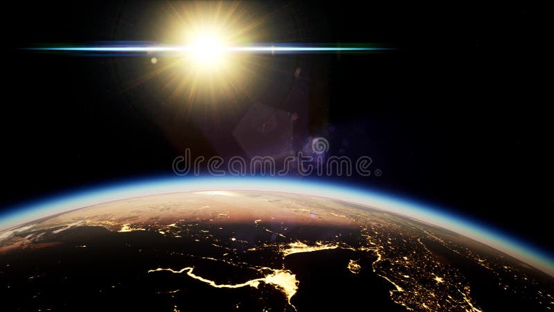 Space, Sun and Planet Earth at Night Stock Illustration - Illustration ...