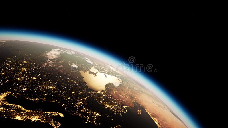 Space, Sun and Planet Earth at Night Stock Illustration - Illustration ...