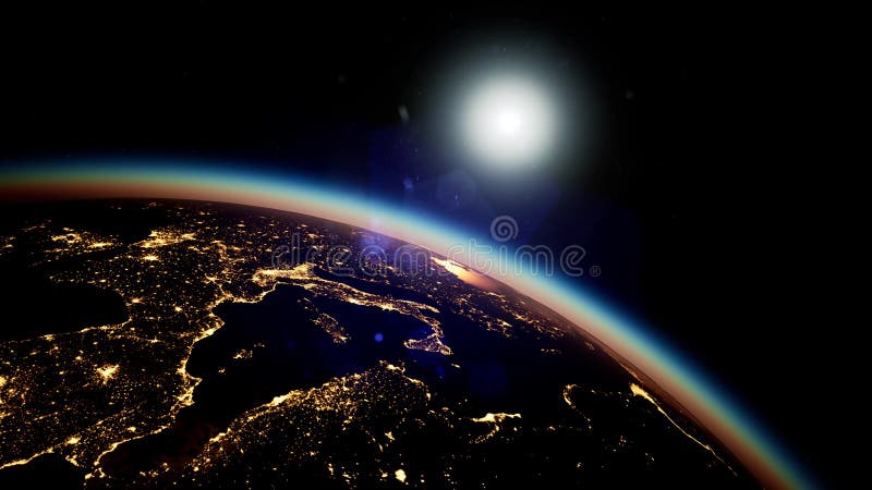 Space, Sun and Planet Earth at Night Stock Illustration - Illustration ...
