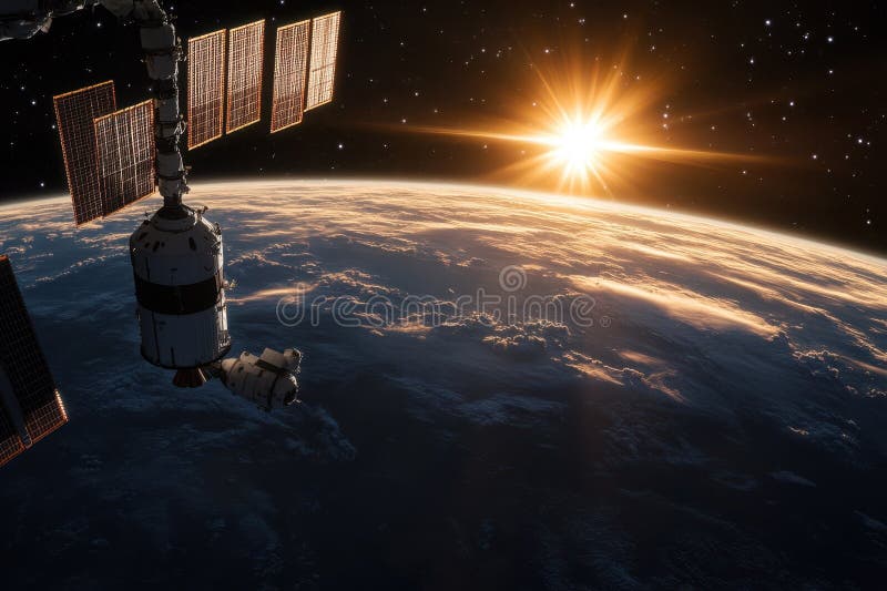 Space Sunset Viewed from a Spacecraft in Orbit Around Earth with ...