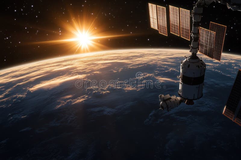 Space Sunset Viewed from a Spacecraft in Orbit Around Earth with ...