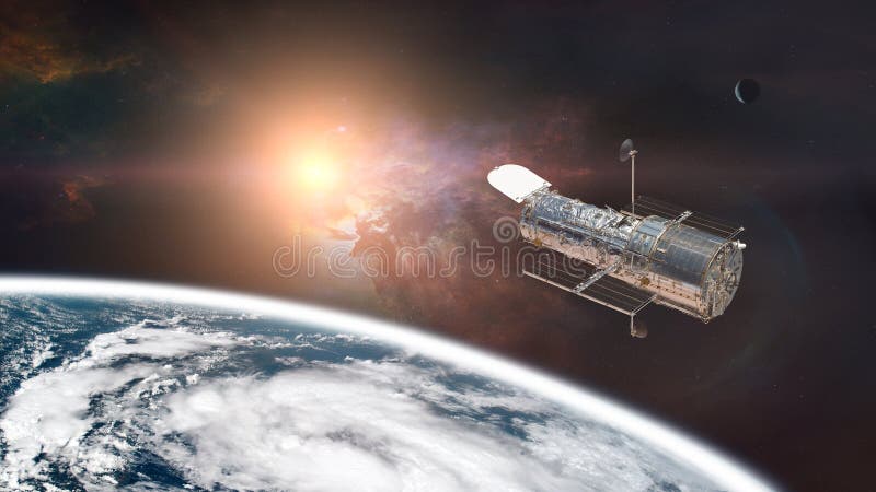 Space Telescope, Above the Earth Planet, with the Sun Light. Elements ...