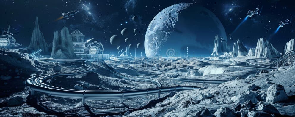 A Spacethemed Amusement Park on the Moon with Roller Coasters that Loop ...