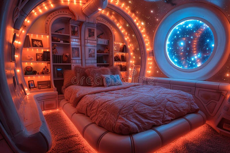 Space-themed Bedroom with Galaxy Murals Spaceship Bed Stock Photo ...