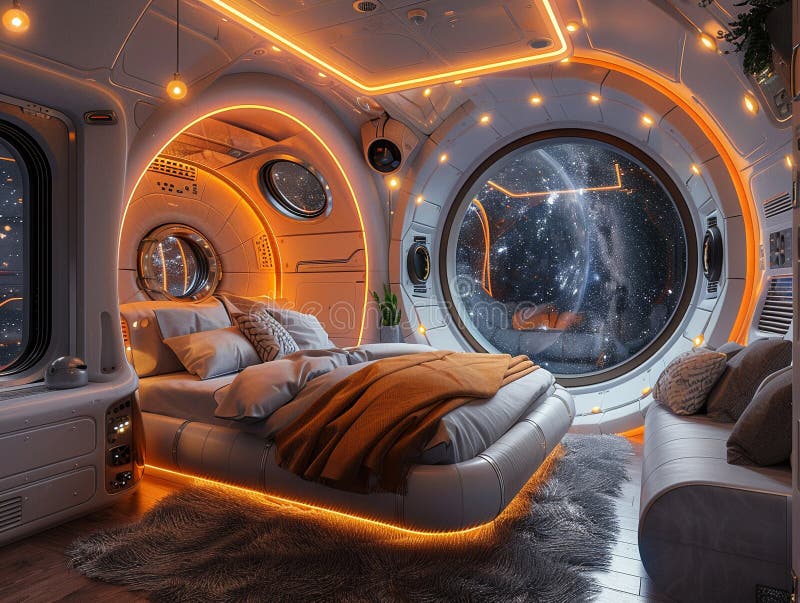 Space-themed Bedroom with Galaxy Murals Spaceship Bed Stock ...