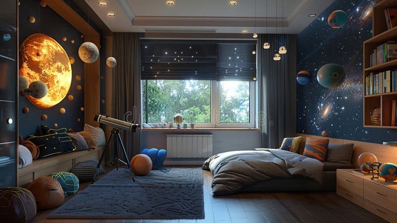 Space Themed Bedroom Interior Design Stock Illustration - Illustration ...