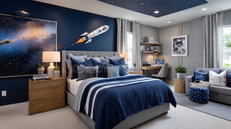 Space-themed Bedroom with Rocket Decor and Blue Accents Stock Image ...