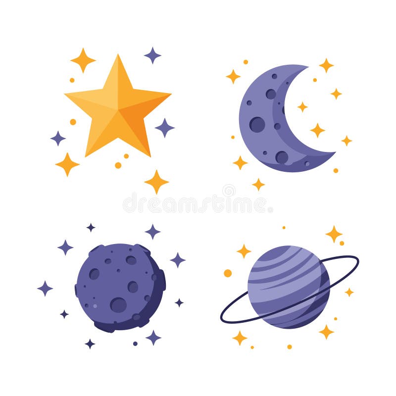 Space Themed Flat Design with Star Moon Asteroid and Ringed Planet ...