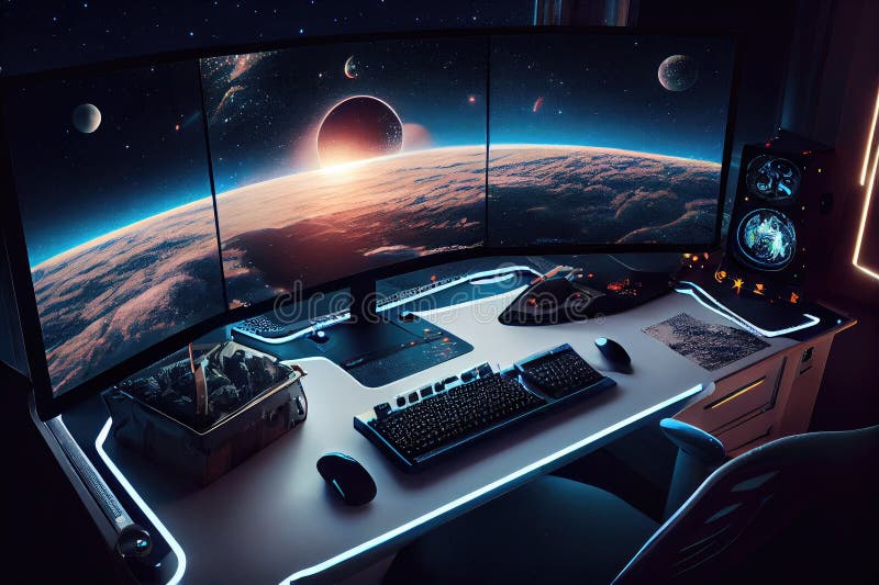 Space-themed Gaming Desk, with Floating Computer and Starry Night Sky ...