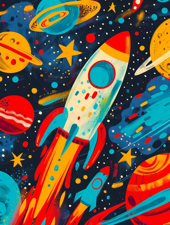 A Space Themed Illustration with Rockets and Planets Stock Photo ...