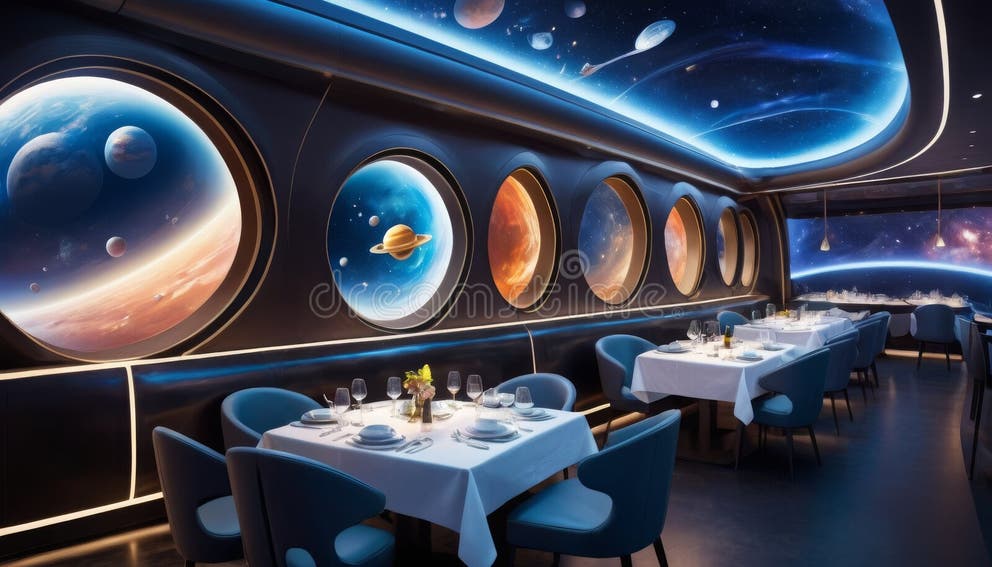 Space-Themed Restaurant with Cosmic View Stock Image - Image of ...