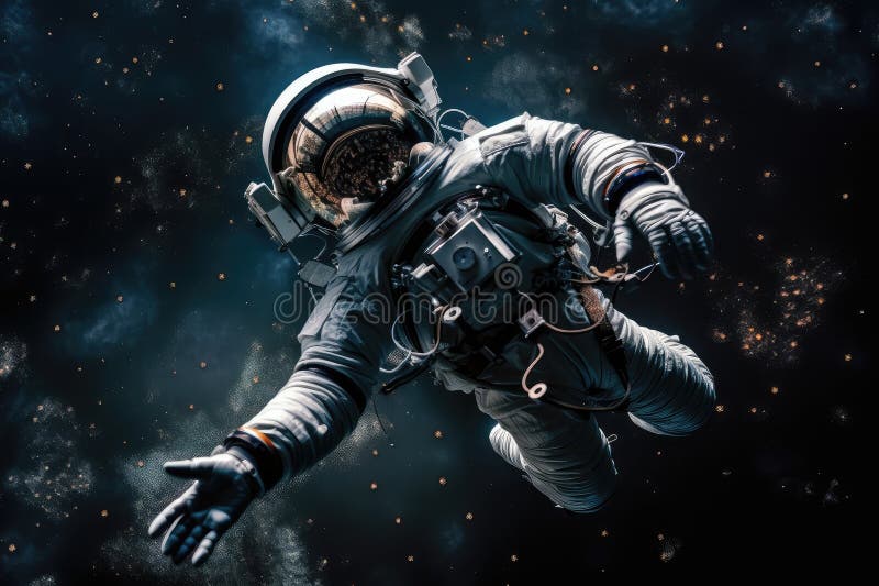 Space Tourist Floating in Zero Gravity, with the Stars and Planets ...