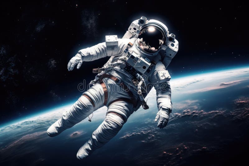 Space Tourist Floating in Zero Gravity, with the Stars and Planets ...