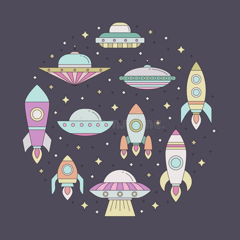 Space Transportation Outline Circle Illustration. Part One. Stock ...