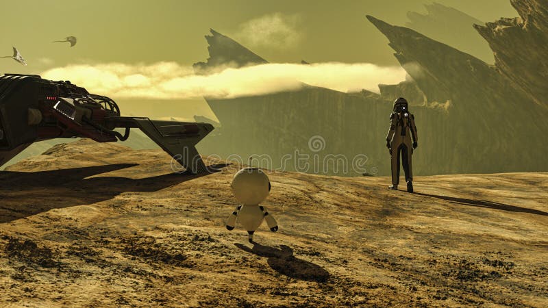 Space Traveler with a Small Robot Exploring a New Planet and Facing ...