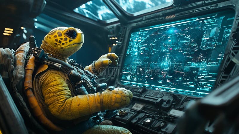 Space Turtle Navigates Advanced Control Panel in a Futuristic Spaceship ...