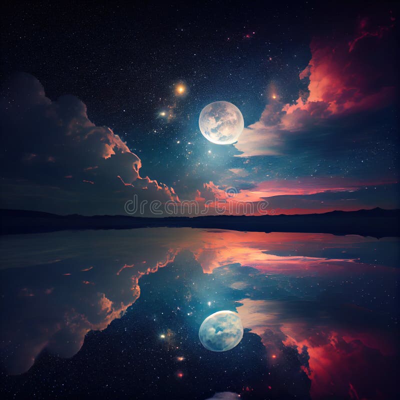 Space and Stars with Clouds are Reflected in the Water, Ai Generated ...