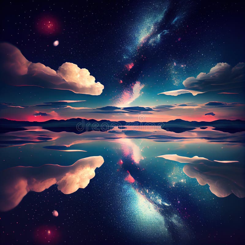 Space and Stars with Clouds are Reflected in the Water, Ai Generated ...