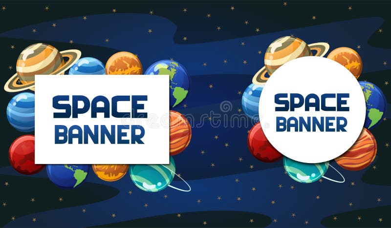 Space Vector Banner Design with Planets.Round and Square Banner. Outer ...