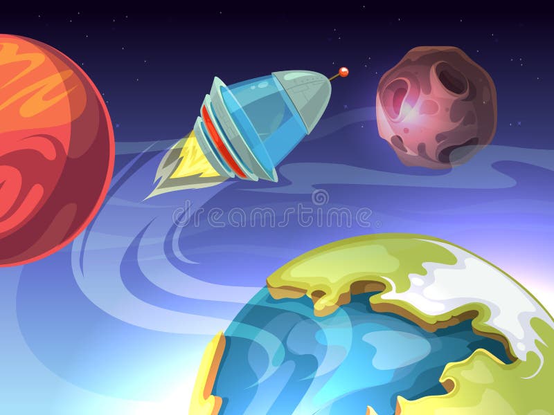 Space Vector Cartoon Comic Background with Spaceship and Planets Stock ...