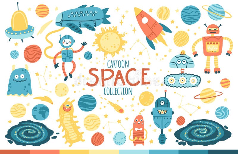 Space Vector Set. Galaxy, Planets, Robots and Aliens Stock Vector ...