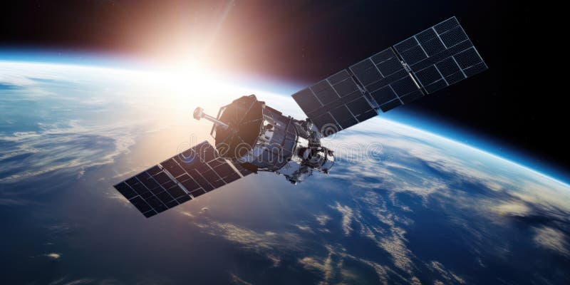 Space View of a Solar Powered Communications Satellite Orbiting Over ...