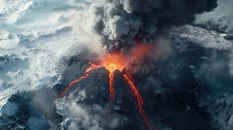Space View of a Volcanic Eruption in a Snowy Mountain Range, Dramatic ...