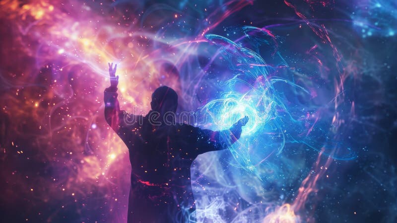 A Space Wizard Casting Spells in a Virtual Realm Vibrant Arcane Energy ...