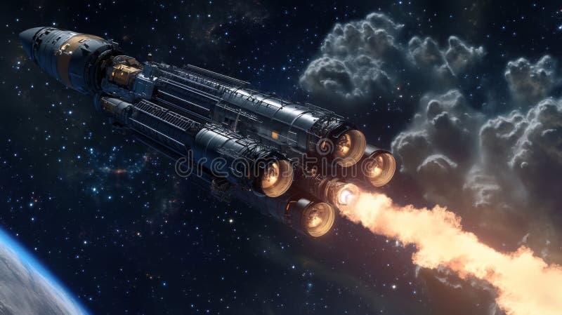 A Spacecraft Blasts Off into Space, Leaving a Trail of Fire Behind it ...