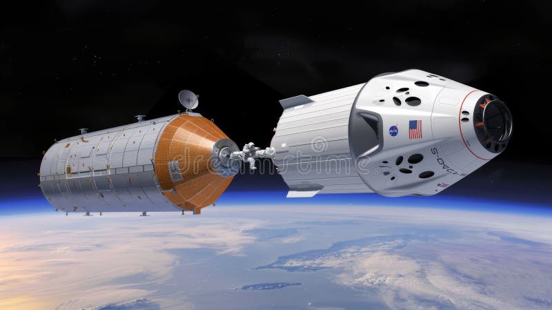 Spacecraft Crew Module Docking with Space Station, Earth in Background ...