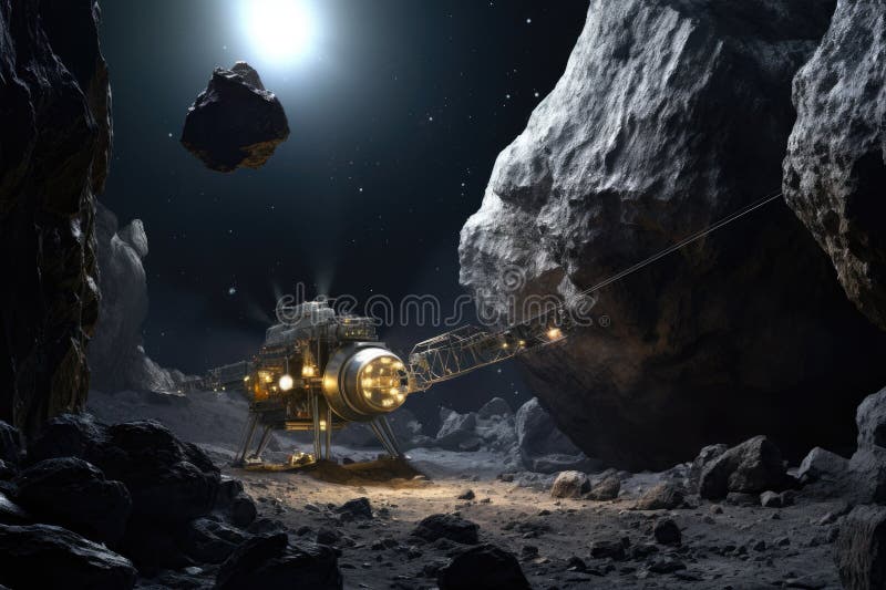 Spacecraft Deploying Mining Equipment on Asteroid Stock Illustration ...