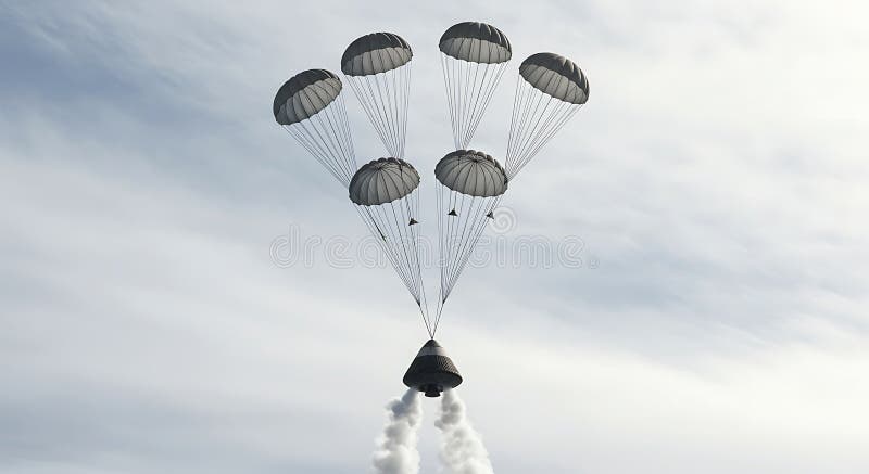 Spacecraft Descent with Parachutes Above Clouds Stock Illustration ...