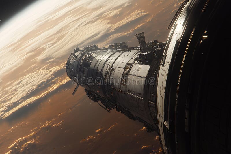 Spacecraft Docked at a Martian Space Station with Earth Visible in the ...