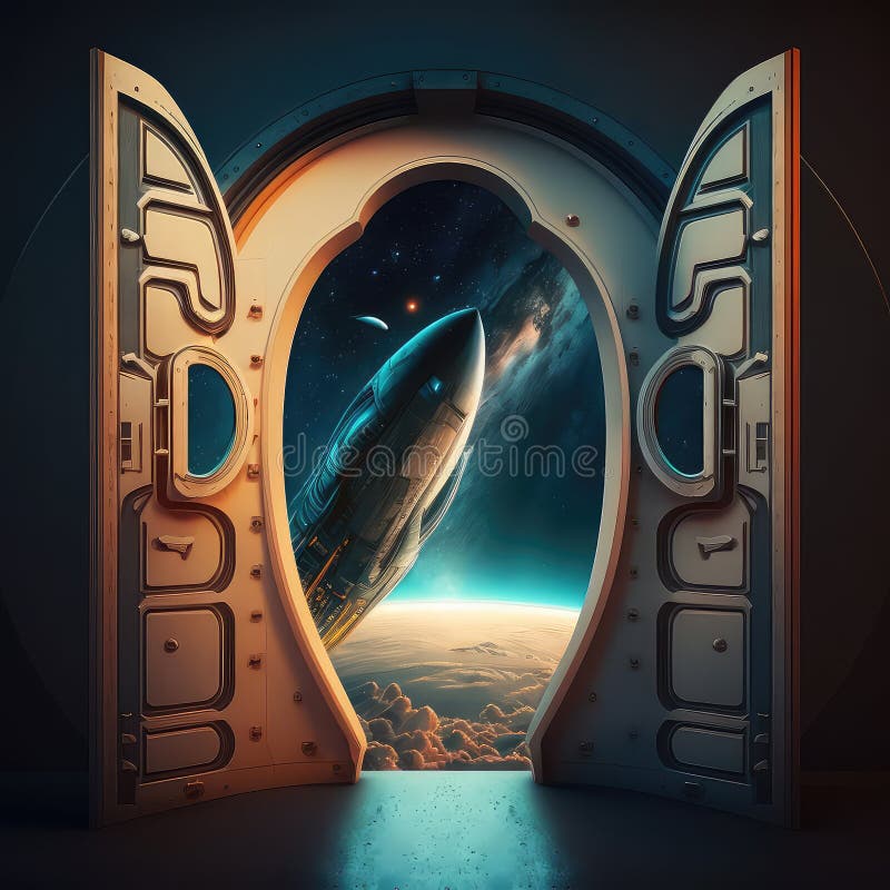 Spacecraft Docking. Opened Spaceship Gateway Door, Porthole ...