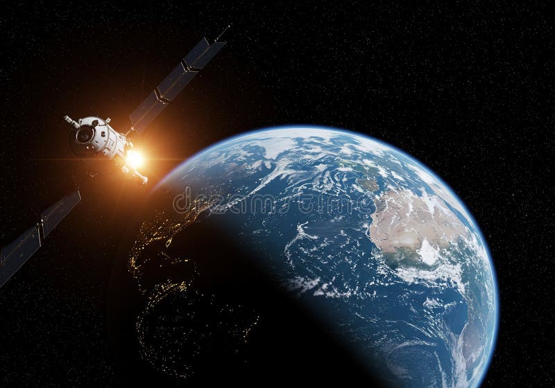 Spacecraft Entering Earth Atmosphere with Bright Light and Planet in ...