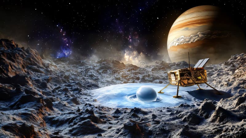 Spacecraft on Europa Exploring an Icy Terrain with Jupiter in Sky Stock ...